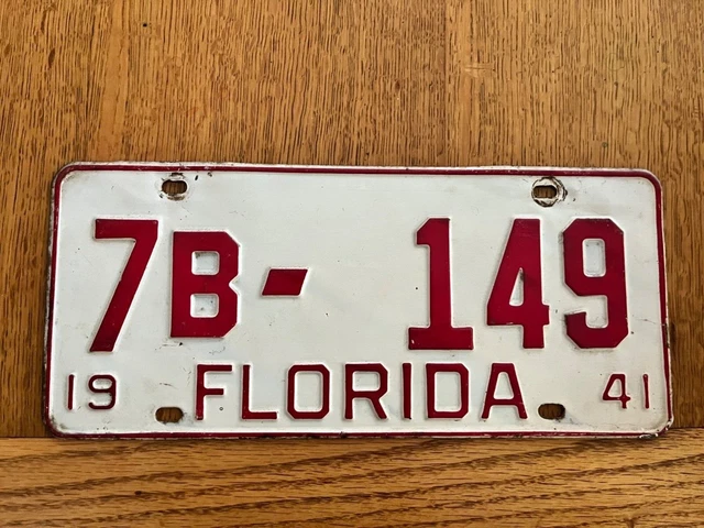 VINTAGE 1941 FLORIDA License Plate, red numbers on white background ...