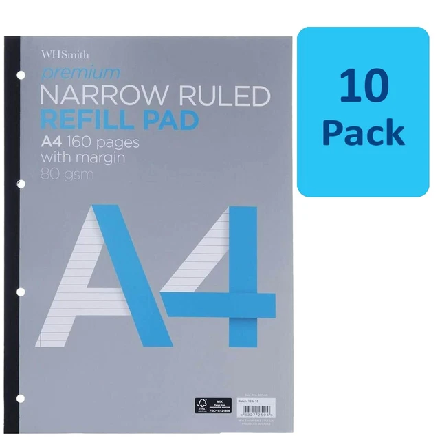 10 X WHSMITH A4 Premium Narrow Ruled Refill Pad 160 Pages £31.80 ...