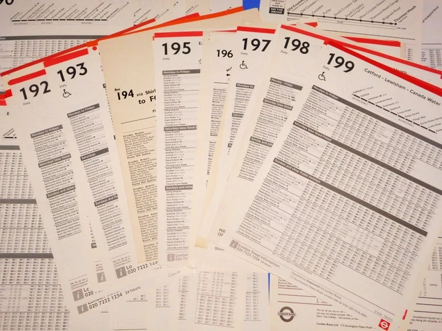 51 X LONDON TRANSPORT BUS STOP PANEL TIMETABLES ROUTES 190 to 199 1975 ...