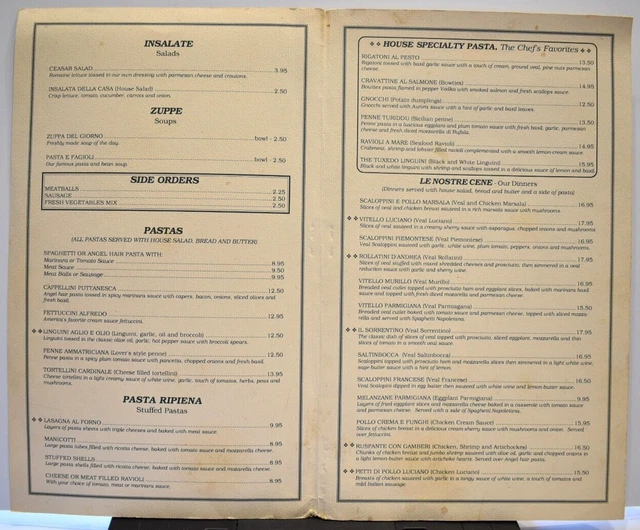 VINTAGE 1980S LUCIANO'S Italian Restaurant Menu Partner Place Lexington ...