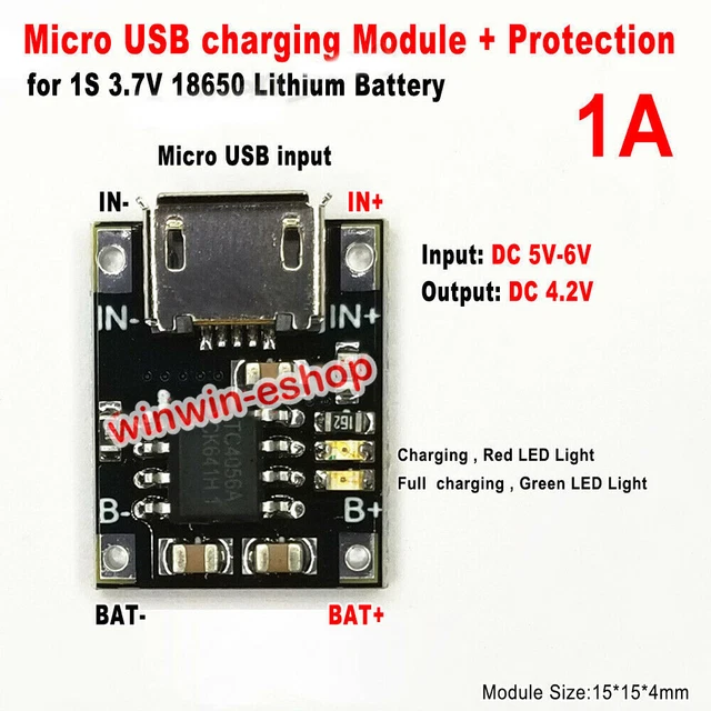 USB 5V 1A Lithium Li-ion 3.7V 18650 Battery Charger TC4056 Micro ...