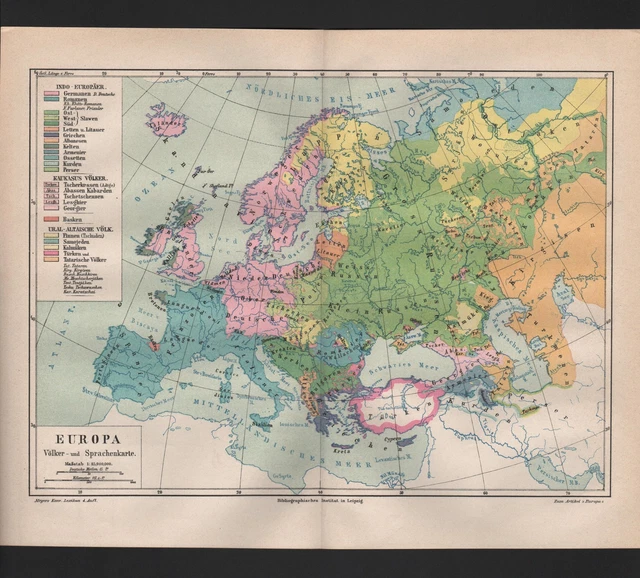 CARTE MAP 1890 : EUROPE. Carte des peuples et des langues. échelle : 1 ...