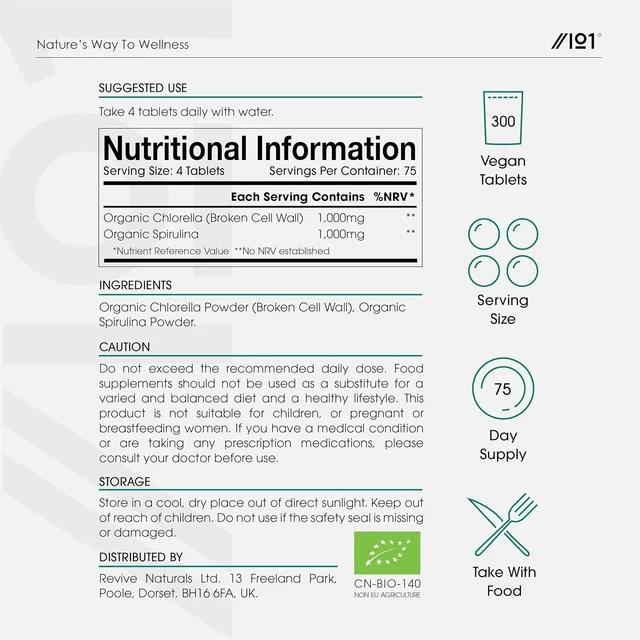 ORGANIC SPIRULINA & Chlorella 2000Mg - 300 Tablets - Broken Cell Wall ...