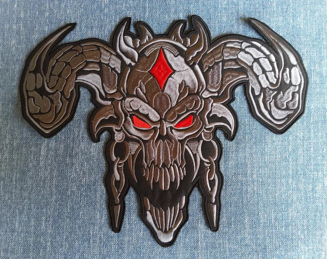 LARGE GREY HORNED Devil Back Patch Satan demon skull evil grin red eyes ...