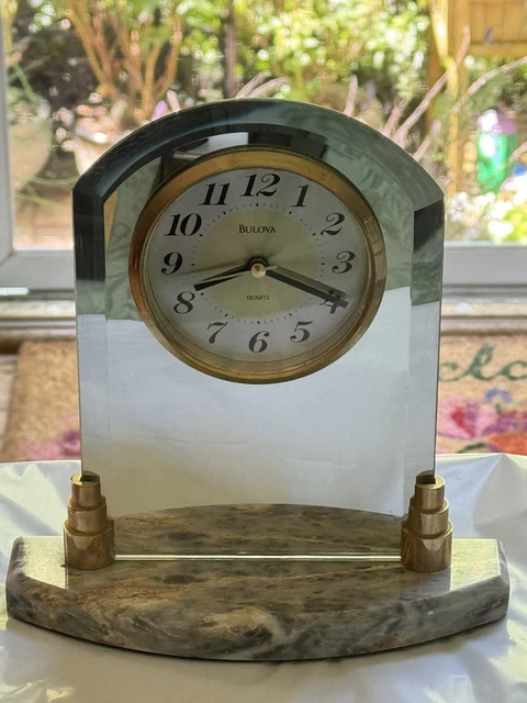 RARE VINTAGE BULOVA Model B7823 Gold Silver Face Marble Base Mirror ...