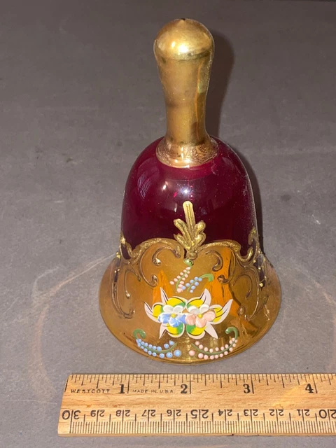 VINTAGE RED GLASS Gold Trim Design Flower Moriage Bell With Faux Pearl ...