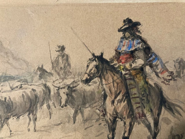 BEAUTIFUL DRAWING LAVIS Watercolour Cow Taureau Horses Camargue 1900 to ...