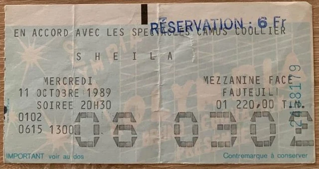 SHEILA - TICKET concert n° 06 0301 - Olympia Paris - Mercredi 11 ...