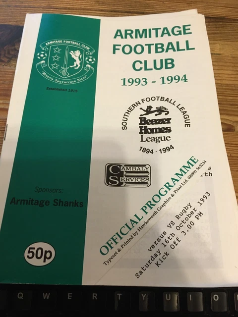 16.10.1993 ARMITAGE FC v V.S. RUGBY SOUTHERN FOOTBALL LEAGUE VGC £1.19 ...
