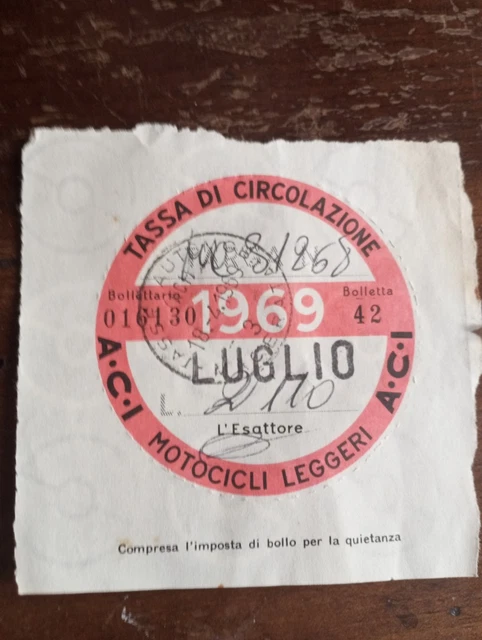 BOLLO TASSA DI circolazione ACI luglio 1969 motocicli leggeri EUR 20,00 ...