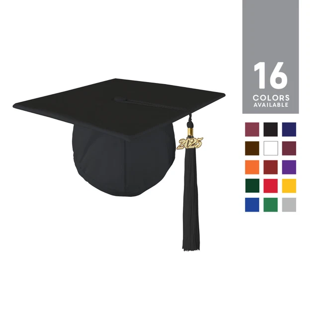 ADULT UNISEX MATTE Mortarboard Graduation Cap with Matching Gold Charm ...