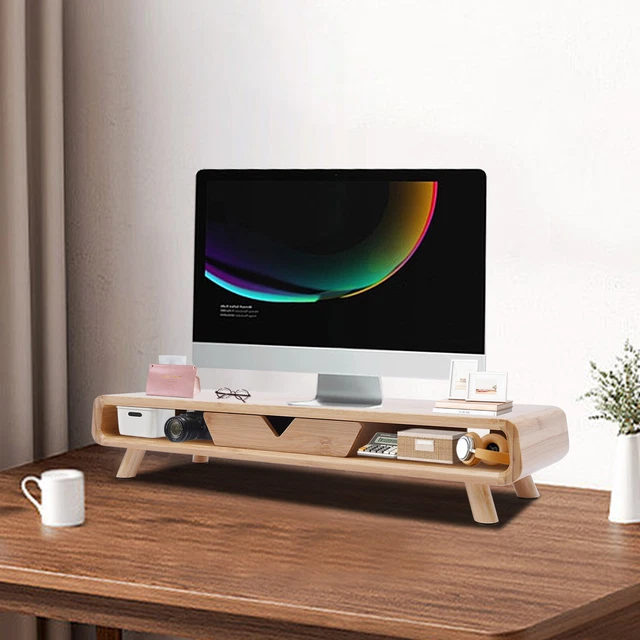 24IN BAMBOO COMPUTER Monitor Stand Laptop Riser Stand W/ Drawer Desk ...