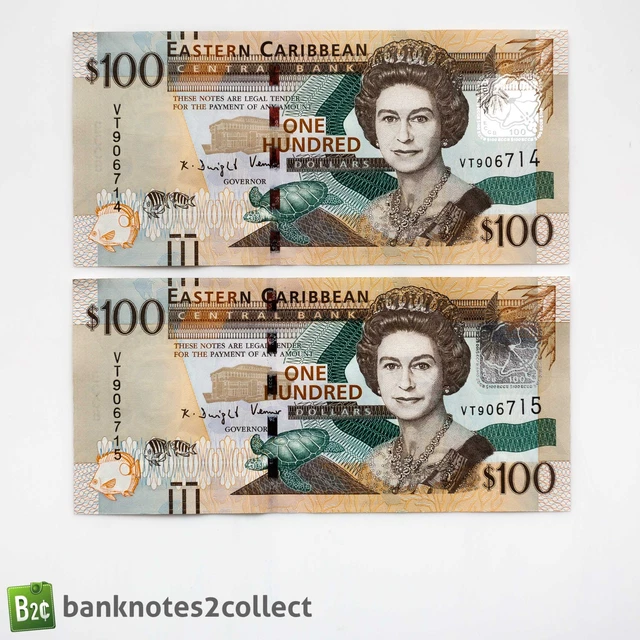 EAST CARIBBEAN: 2 x 100 East Caribbean Dollar Banknotes with ...