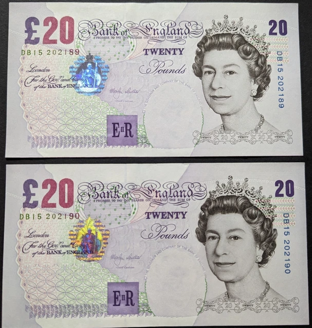 2 X LOWTHER - Elgar Sequential 1999 Twenty Pound Banknotes Uncirculated ...