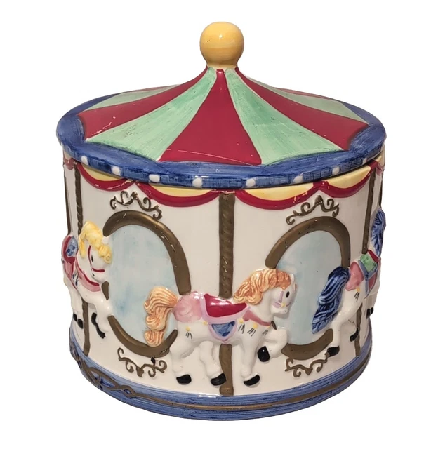 VINTAGE RETRO CAROUSEL Horse Cookie Jar Storage Container White Ceramic ...
