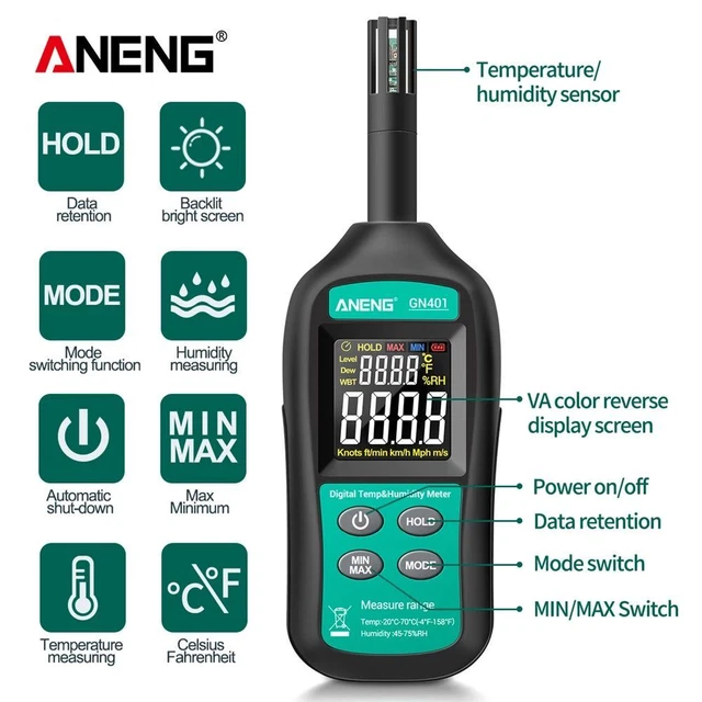 DIGITAL AIR THERMOMETER Hygrometer Gauge Tester Temperature Humidity ...
