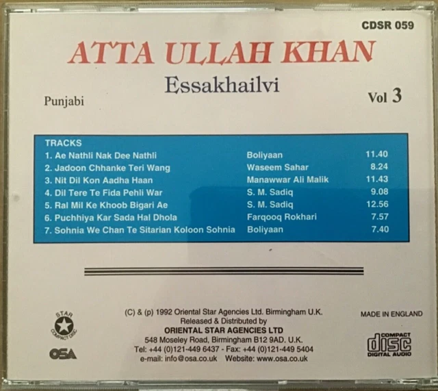 PUNJABI VOL 3 By Atta Ullah Khan Essakhailvi - Pakistani CD £9.05 ...