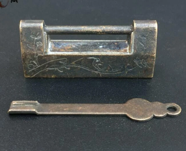 ANCIENT RETRO CHINESE Copper Lock Padlock Horizontal Open Wooden Box ...