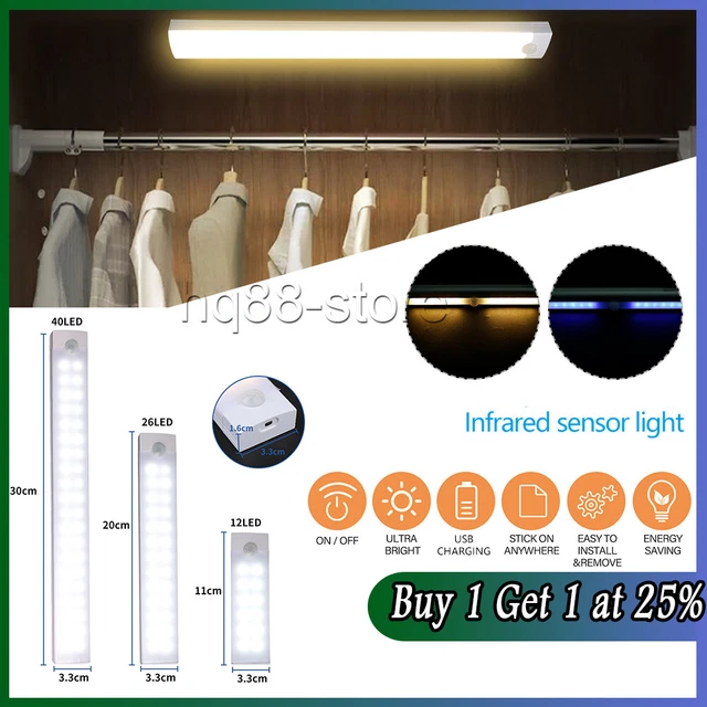 WIRELESS LED PIR Motion Sensor Light Strip Cabinet Lamp Closet USB ...