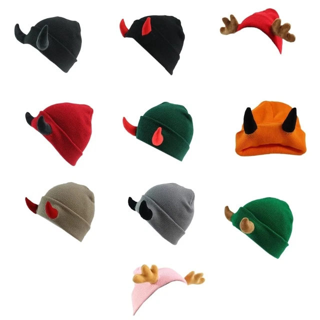 EVIL HORNS BEANIE Cap Halloween Knitting Skull Hat Adult Unisex Winter ...