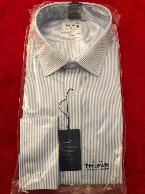 TM LEWIN 18/36 slim fit blu cielo nuovo con etichette twill righe ...