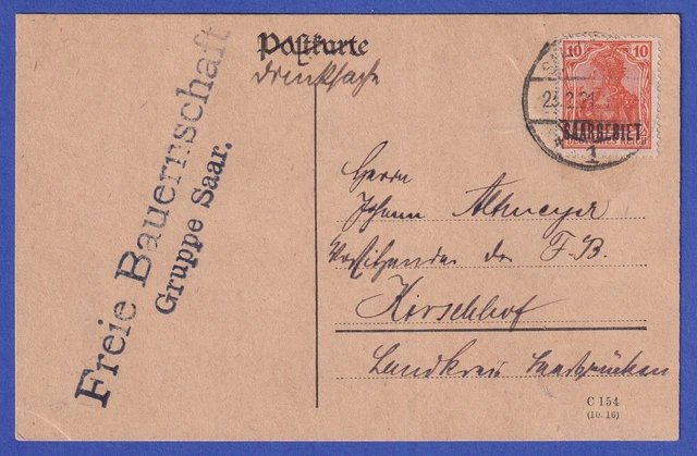 SAARGEBIET DRUCKSACHEN-KARTE VON Saarbrücken nach Kirschhof O 23.2.21 ...