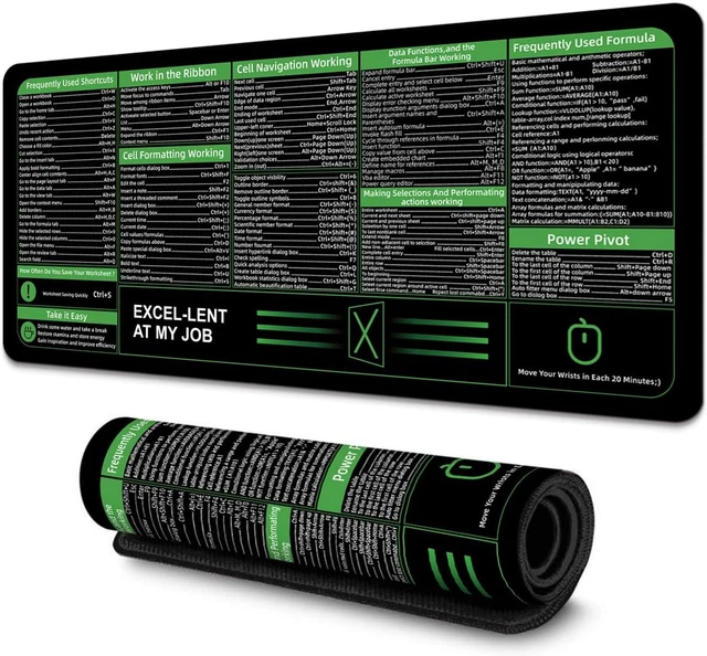 OFFICE EXCEL CHEAT Sheet Desk Pad, Gaming Excel Shortcuts Mousepad ...