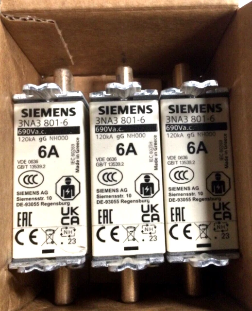 PACK OF 3 Siemens 3NA3 801-6 Fuse Links (500VAC/250VDC; 6A) $60.00 ...