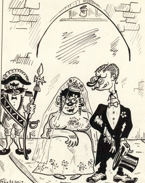 VINTAGE INCHIOSTRO ORIGINALE firmato disegno caricatura matrimonio ...