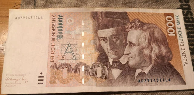 1000 DM DEUTSCHE Mark Schein Banknote Vom 1. August 1991 Rarität EUR ...