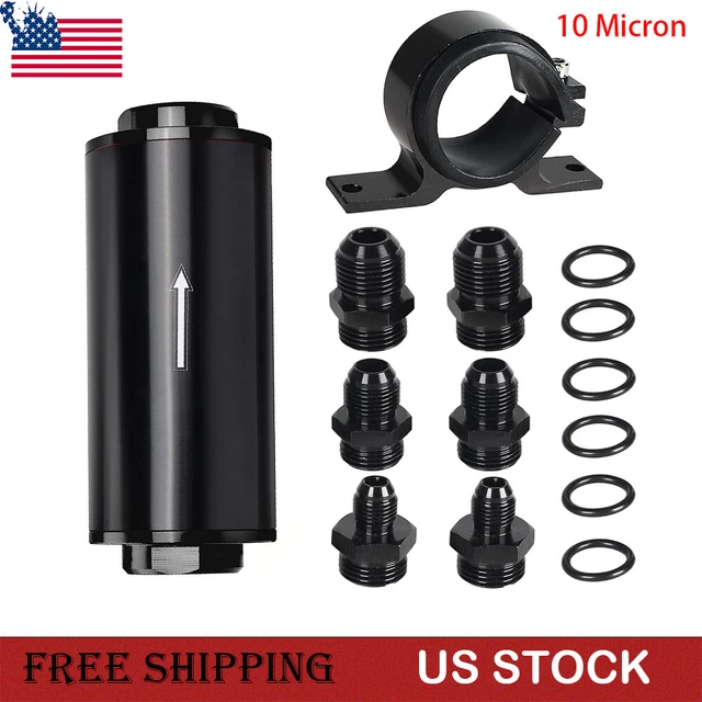 10 MICRON INLINE Fuel Filter 6AN 8AN 10AN Adapter Fitting W/ 50MM Mount ...