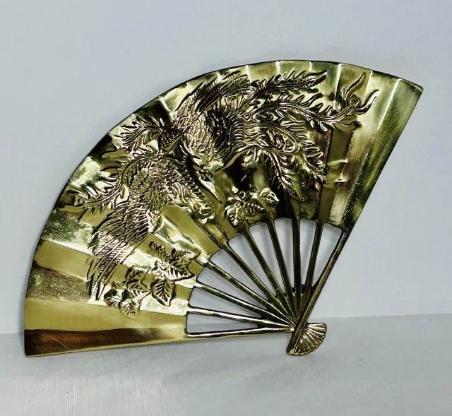 VINTAGE SOLID BRASS Asian Chinoiserie/Phoenix Bird Hand Fan Shaped Wall ...
