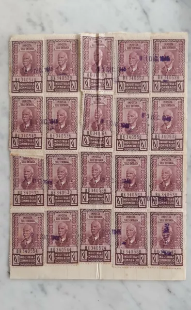 FOGLIO 25 MARCHE da bollo Imposta Sull'entrata 20 Lire Re Vittorio ...