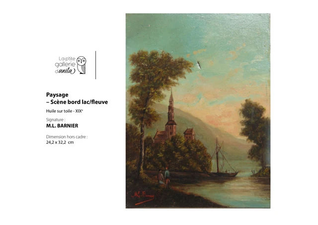 TABLEAU ANCIEN - Huile sur toile XIX e - signé - Paysage bord de lac EUR 63,00 - PicClick FR