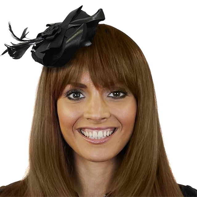 BLACK MINI FASCINATOR Headpiece Caps Clip On Hat Flower Feather Fancy ...