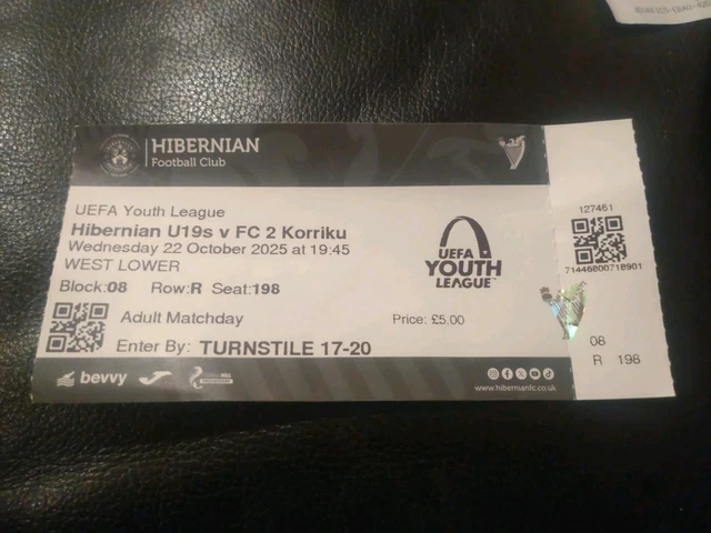 2025 UEFA YOUTH League Ticket Hibs Hibernian V FC 2 Korriku Kosovo £3. ...