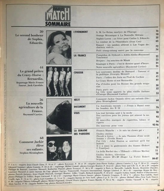 PARIS MATCH RAQUEL Welch Pr Barnard Sophia Loren Jackie Kennedy Le ...