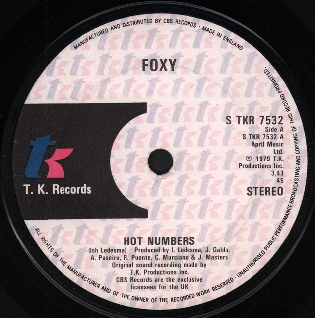 VINYLE FOXY HOT Numbers 7" UK Tk 1979 étiquette centre solide STKR7532 ...