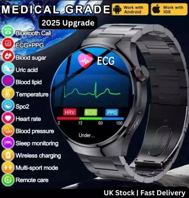 UK 2025 NEW Medical Grade Smart Watch Blood Pressure Oxygen Heart Rate ...