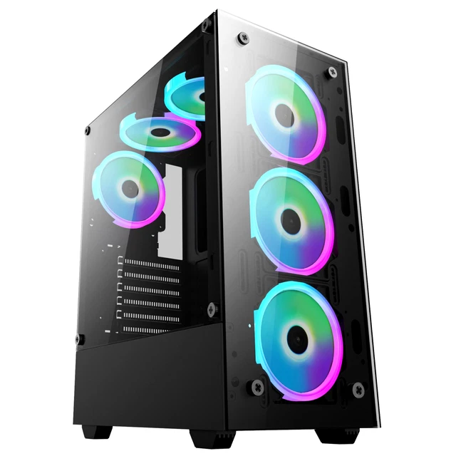 GAMING PC COMPUTER Case RGB LED Mid Tower ATX Tempered Glass 6x Halo ...