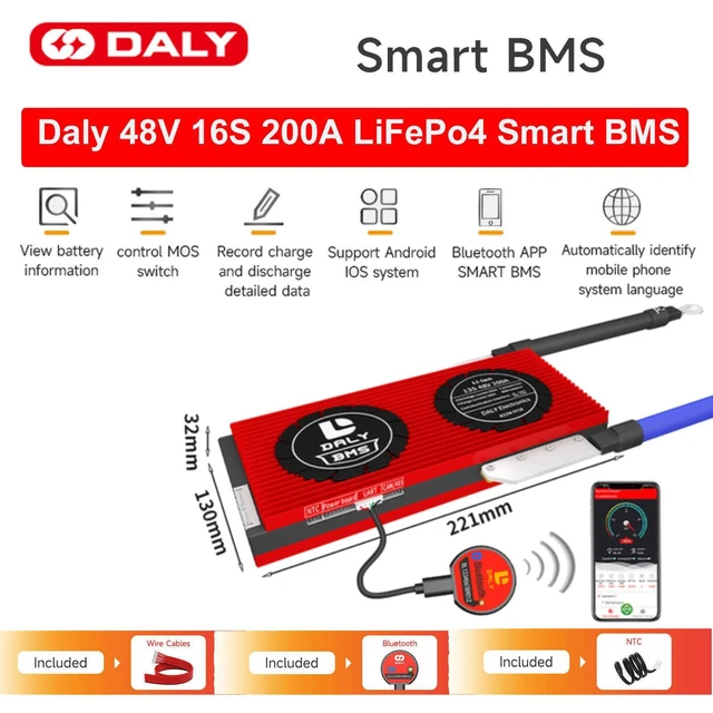DALY BMS 48V 16S 200A LiFePO4 SMART BMS porta comune con bilanciamento ...