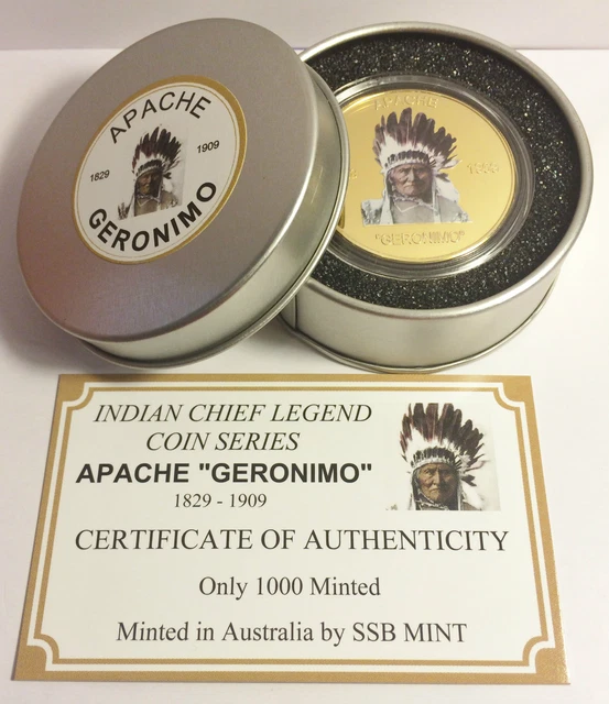 NEW INDIAN CHIEF Series "GERONIMO" 1 Oz Coin C.O.A. Finished in 999 24k ...