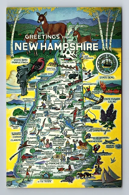 NH-NEW HAMPSHIRE, GENERAL Greeting, State Map,Pictorial Map, Vintage ...