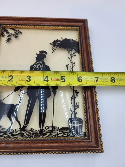 VINTAGE REVERSE PAINTED Silhouette Man Walking Dog Convex Glass Made In ...