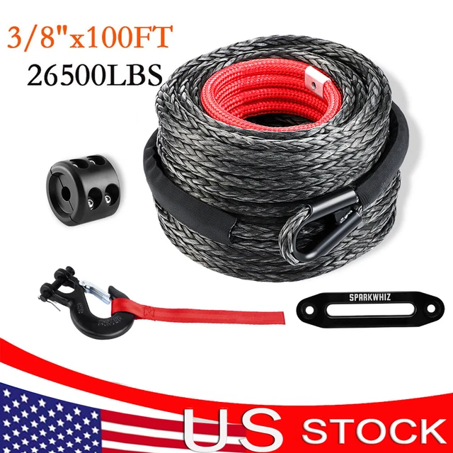 3/8&X100FT 26500LBS SYNTHETIC Winch Rope Winch Line Cable w/Winch Hook ...