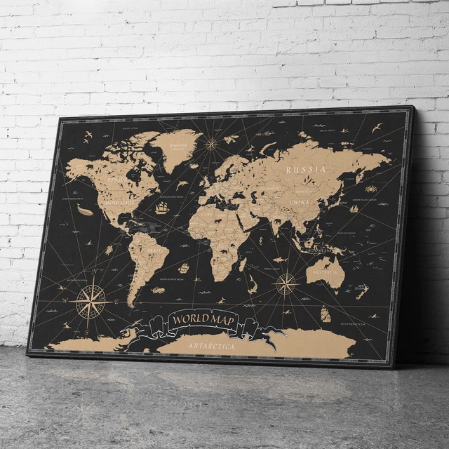 LARGE FRAMED BLACK Vintage World Map Of World Canvas Prints Wall Art £7 ...