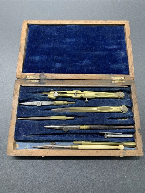 ANCIEN COFFRET BOÎTE Bois Compas Instrument Mesure Dessin Géométrie ...