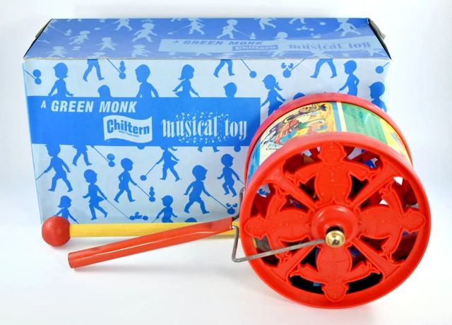 VINTAGE CHILTERN GREEN MONK PUSH ALONG NURSERY RHYME ROLLER CHIME TOY ...