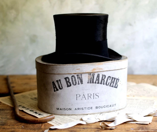 ANTIQUE FRENCH TOP Hat & Au Bon Marche Storage Box Black Beaver Hat EUR ...
