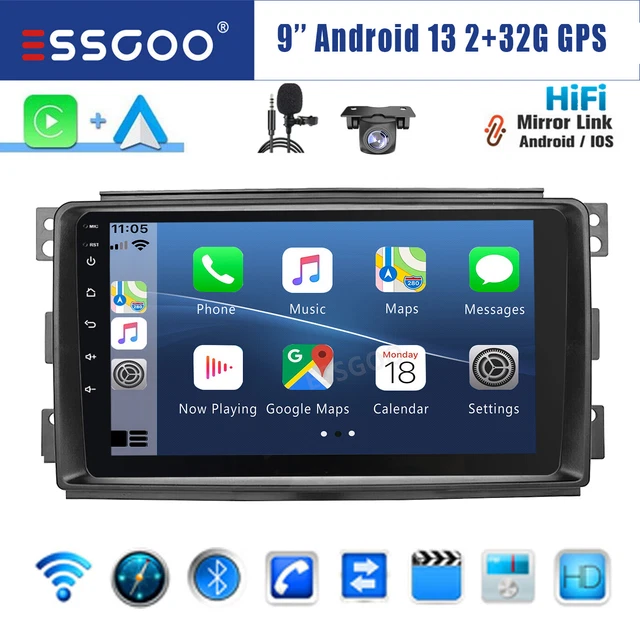 AUTORADIO CARPLAY ANDROID 13 GPS BT WIFI KAM per Benz Smart Fortwo 451 2005-2010 EUR 164,02 ...